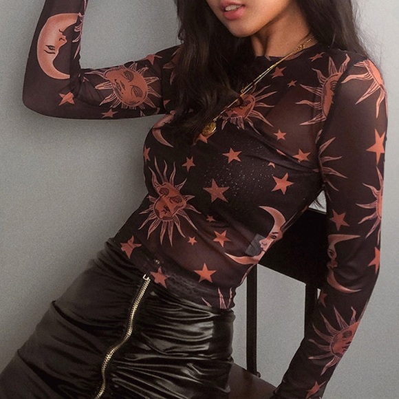 Vintage | Tops | Y2k Sun Moon Goth Long Sleeve Mesh Top | Poshmark